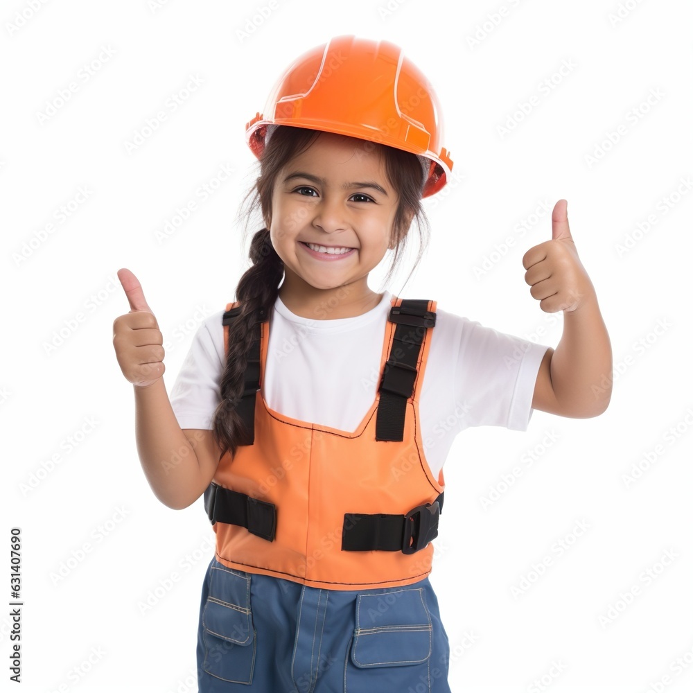 front view close up of a latin girl model dressed in Plumber costume ...