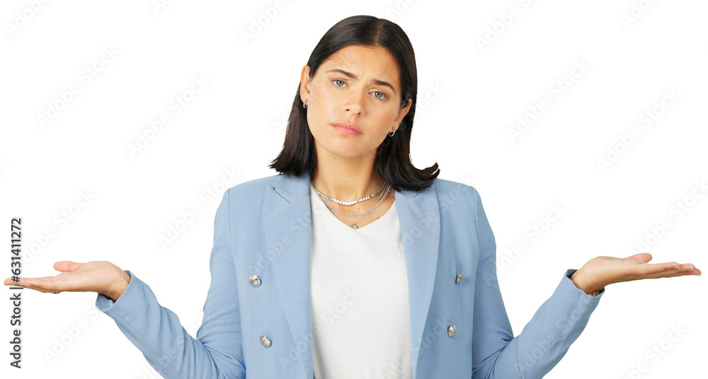 Business woman, shrug and portrait for choice, decision and confused ...