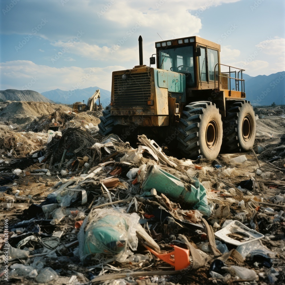 Dump truck in a waste dump with garbage in the background. Tractor ...