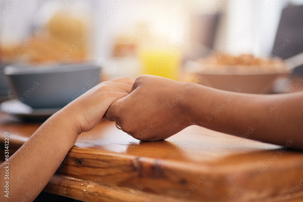 Holding hands, prayer and dinner table with gratitude at family lunch ...