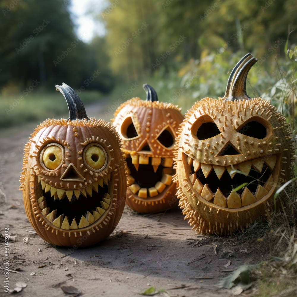 Funny pumpkins with huge teeth and crazy made eyes in a demonic image ...