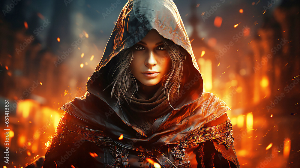 Fantasy female hooded warrior ranger. 3d rendering Stock Illustration ...