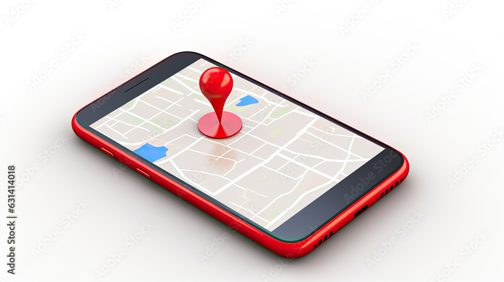 Smartphone with map, 3D Map pins, GPS, navigator pin checking points ...