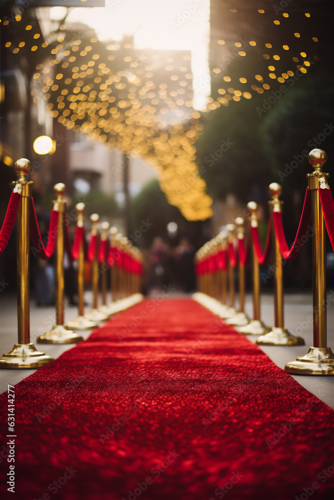 Red Carpet Rollout for a Fancy Movie Premier, Red Velvet Stanchion on Each Side, Generative AI ...