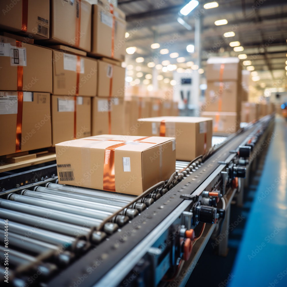 Cardboard Boxed Packages on a Belt Driven Line Roller Conveyor in a ...