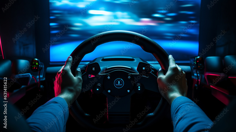 First person view of a gamer playing pc game with racing wheel ...