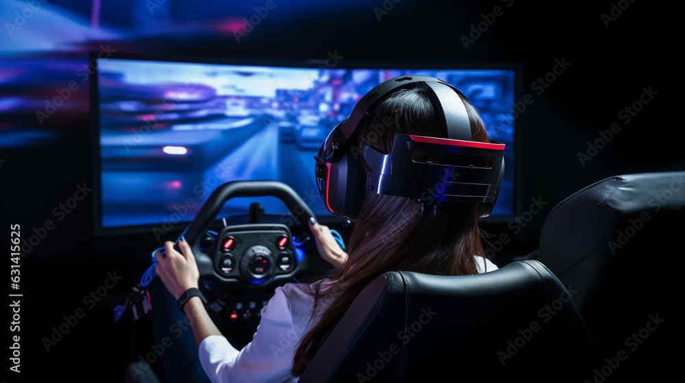 Gamer playing pc game with racing wheel controller. Race simulator with ...