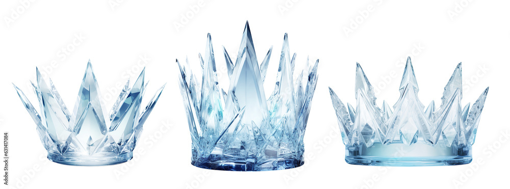 Crystal or ice crowns isolated, set crystal crowns on a transparent ...