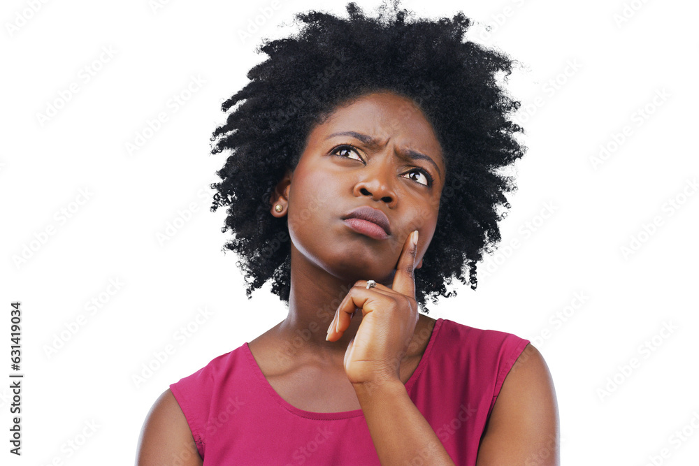 African woman, thinking and vision, ideas or brainstorming for career ...
