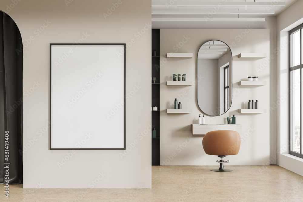 Poster Cozy salon interior with chair and accessories, window and ...