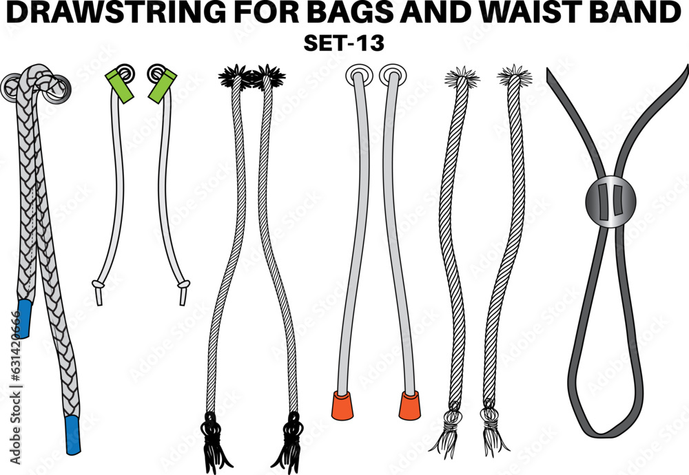 Drawstring cord flat sketch vector illustrator. Set of Draw string with ...