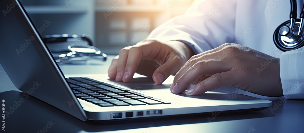 Using a laptop keyboard to repair or maintain a computer, a doctor is ...