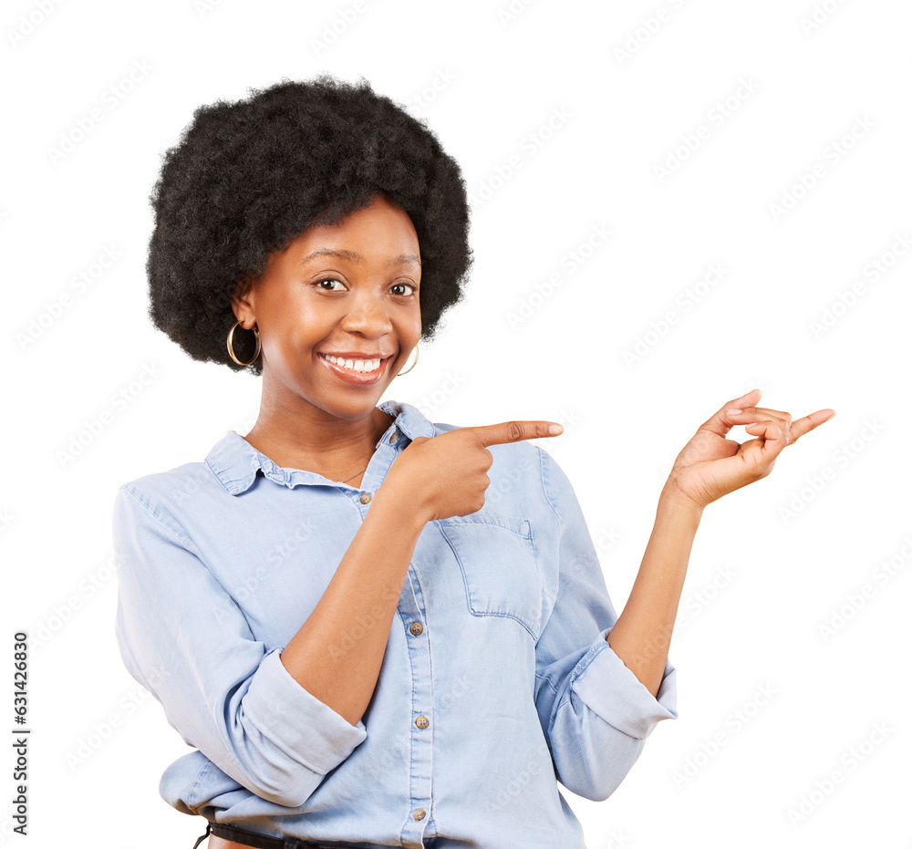 Hands, pointing and portrait of a black woman with promotion, menu or ...
