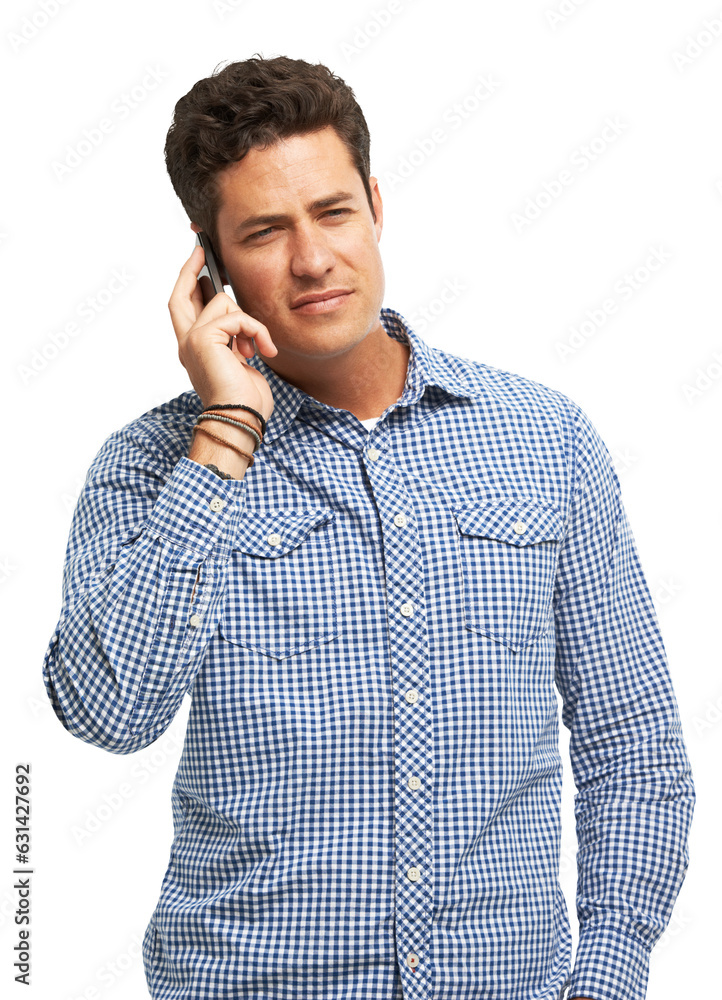 Phone call, doubt and frown with a man thinking about fraud or a scam ...