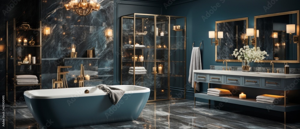 A luxurious bathroom with marble accents and sleek modern design. The ...