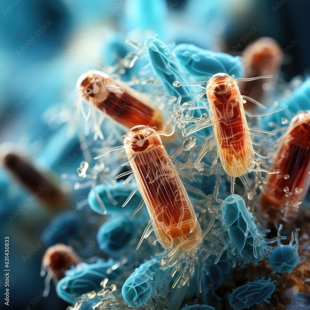 Bacteria cells close-up under a microscope. Enlarged bacterial rods ...