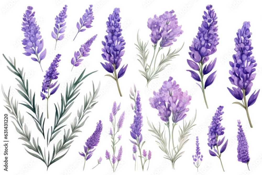 Lavender flowers set. Outlined Provence floral herbs with blooms ...
