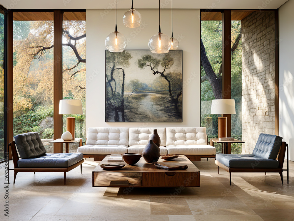 Mid-century style home interior design of modern living room. White ...