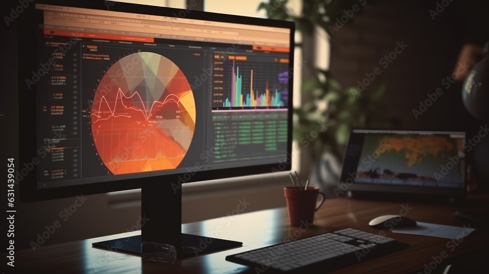 The side view of a computer screen displaying multiple financial ...