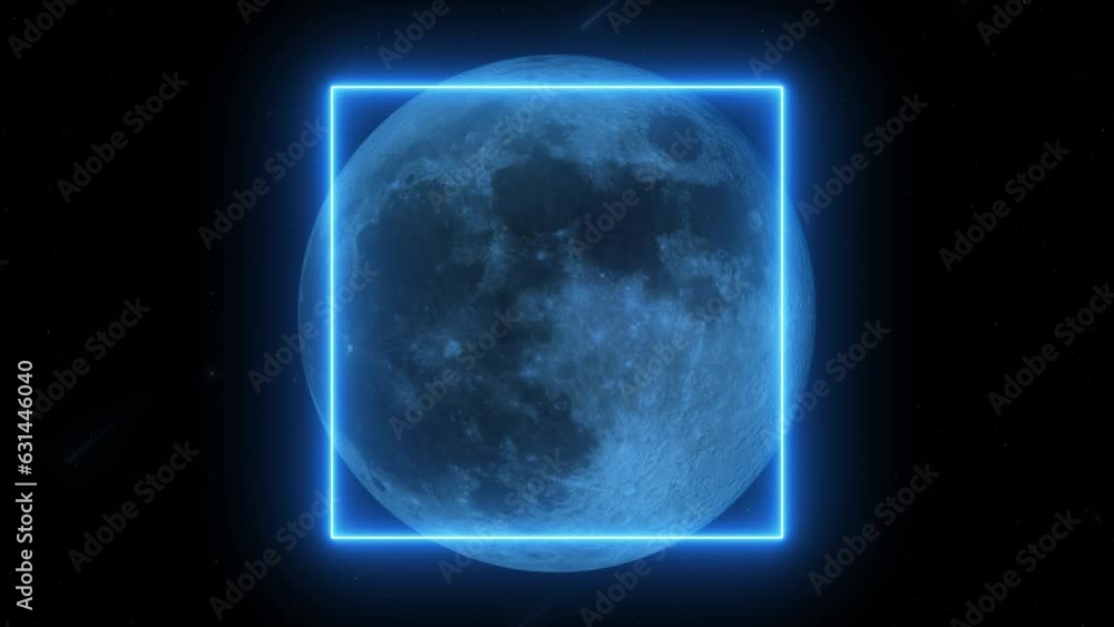 Full moon on a starry background. with bright neon square frame with ...