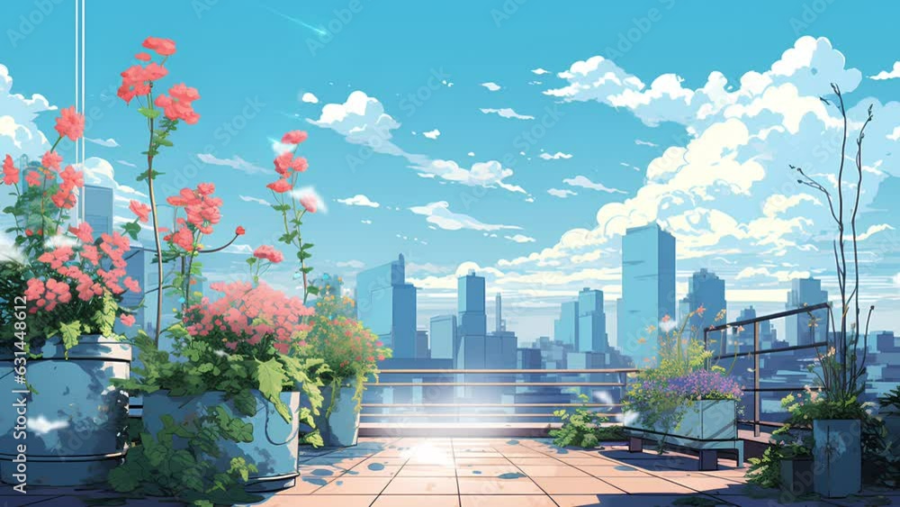 rooftop view of buildings in the city with lots of flowers around ...