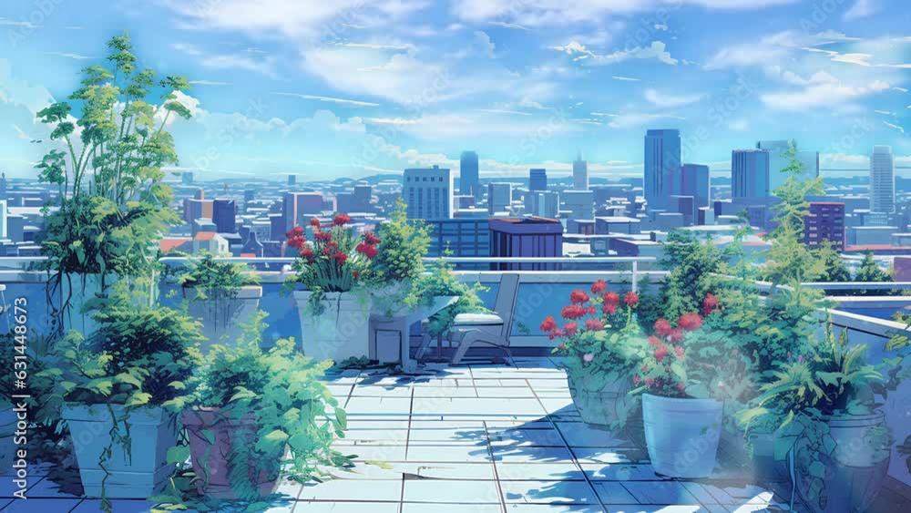 rooftop view of buildings in the city with lots of flowers around ...