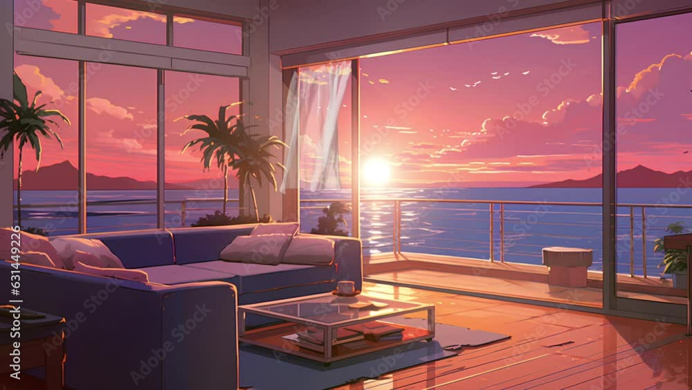 living room in resort with mountain view in sunny sunset afternoon ...