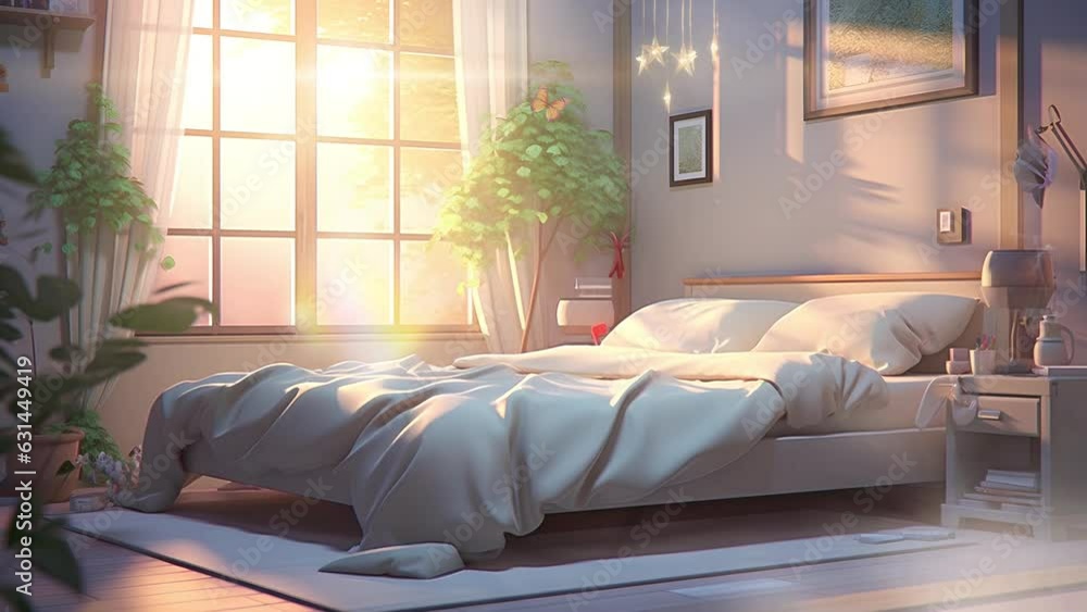 living room at the top with sunset view in window. landscape background ...