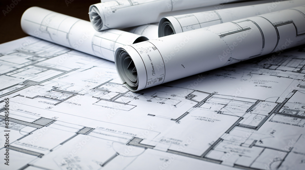 Paper Rolls Of Architectural Drawings And Blueprint Background Stock paper-rolls-of-architectural-drawings-and-blueprint-background-stock