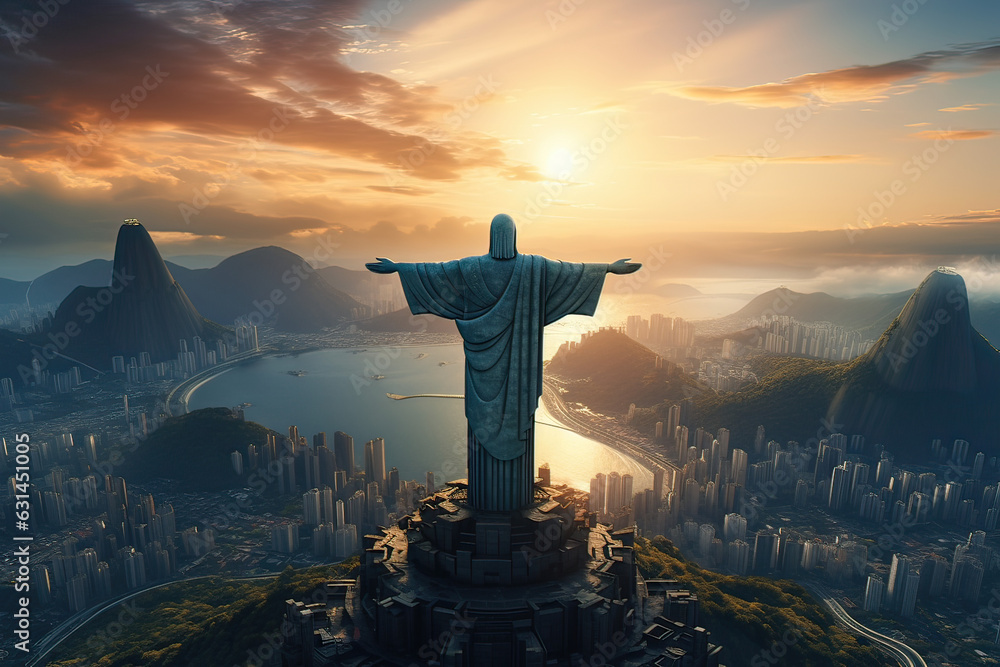 Statue monument of Jesus Christ with a sunset and lake in a futuristic ...