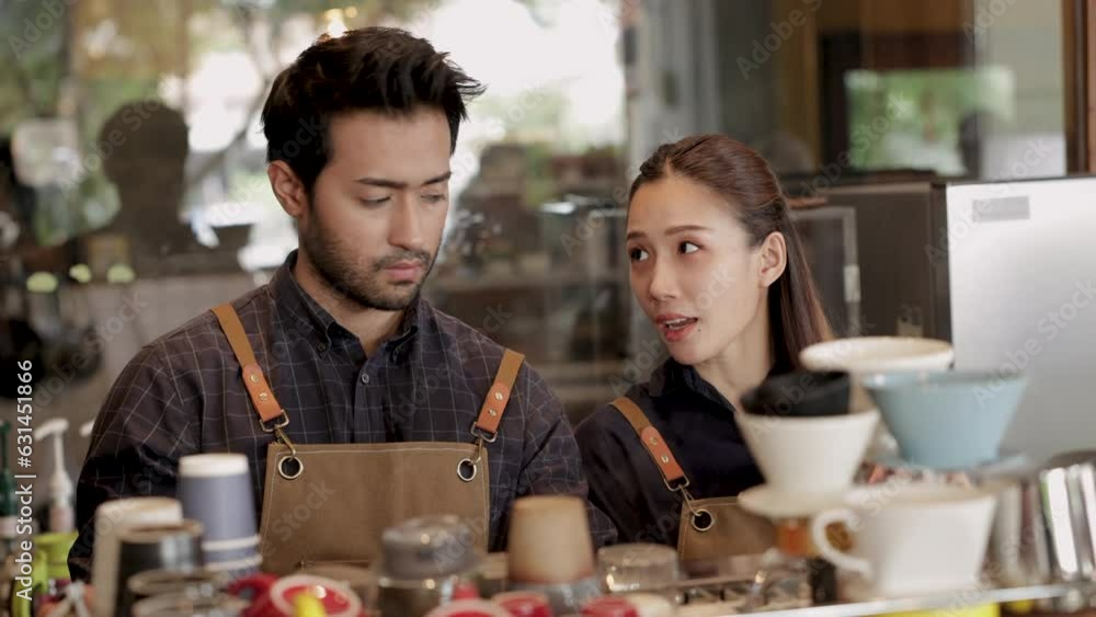 4k, Asian barista couple decide to open small business cafe coffee shop, attractive Indian man ...