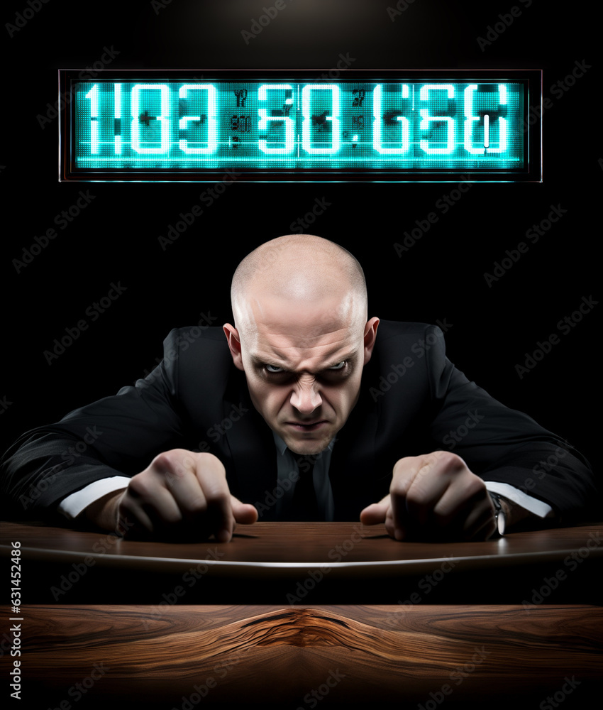 Angry intimidating man in a suit behind a counter looking at you ...