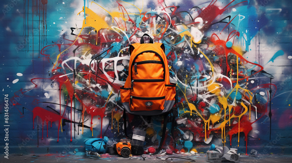 Abstract composition of an open backpack, gear spilling out, spray ...