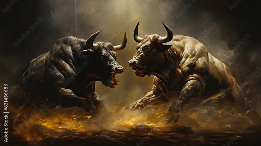 a stock market, bulls and bears battling, surrealist style, dark ...