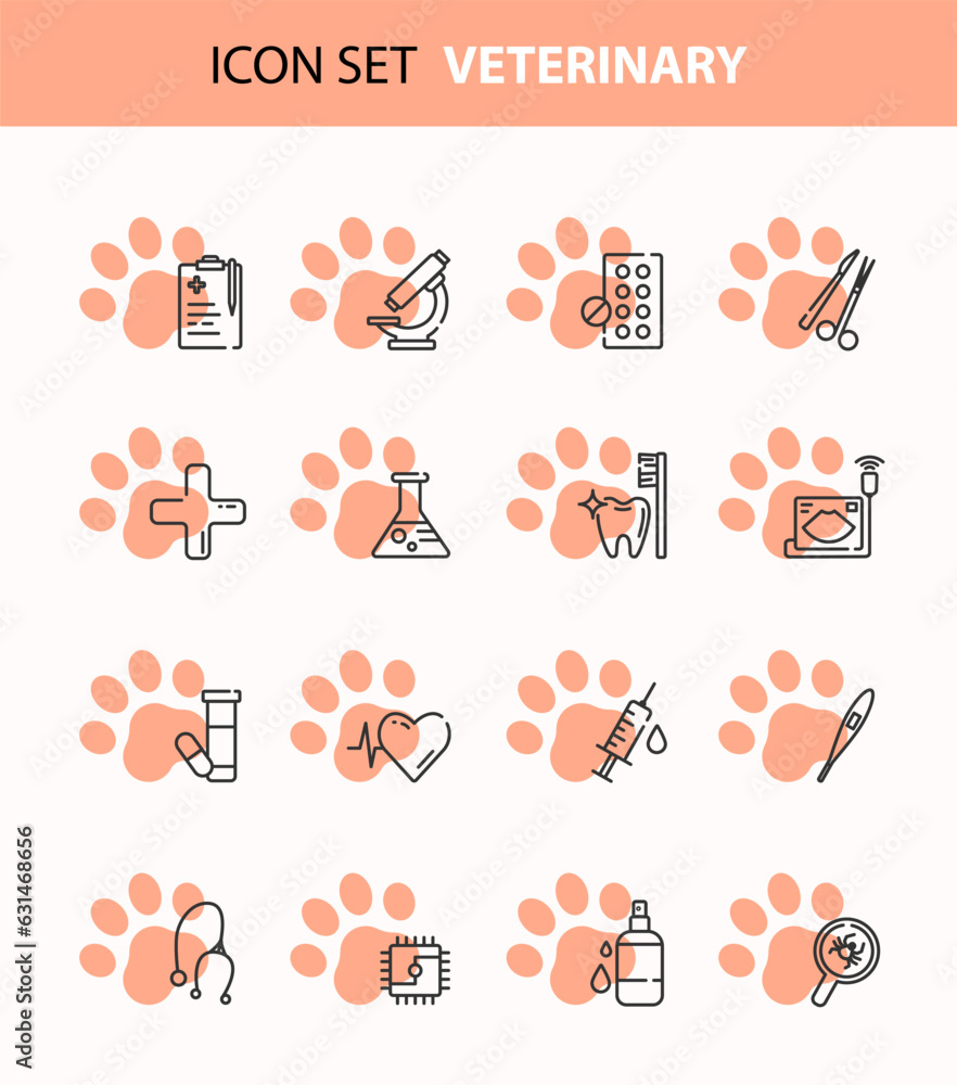 Veterinary clinic icon set: diagnostics, health check, surgery ...