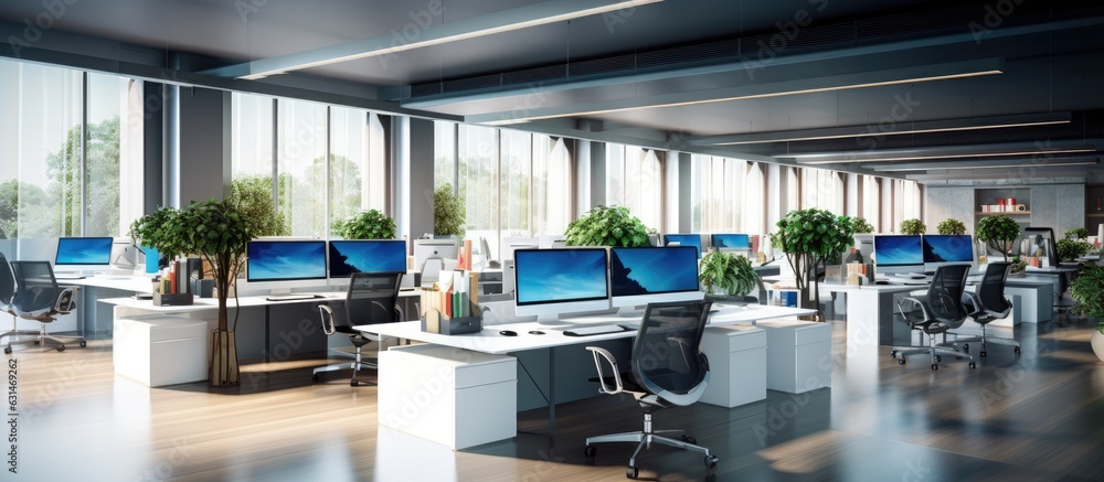 A modern office with desks filled with computers and laptops, suitable ...
