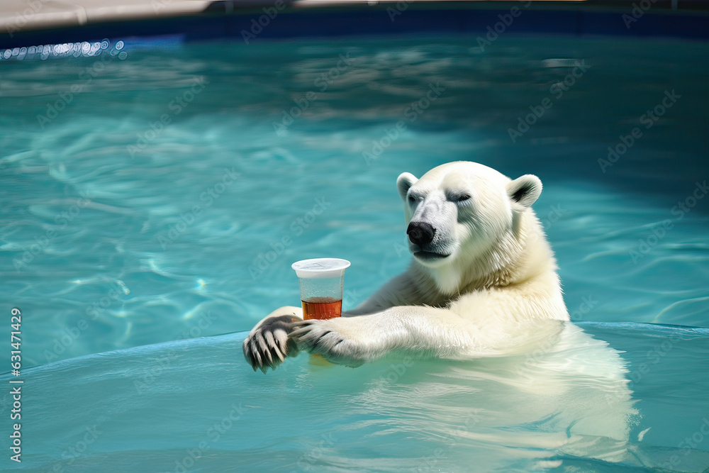 Polar bear cooling off in a pool in summer, heatwave, holding a beer ...