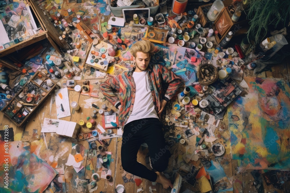 A top view of an overworked young Scandinavian male artist lying on the ...