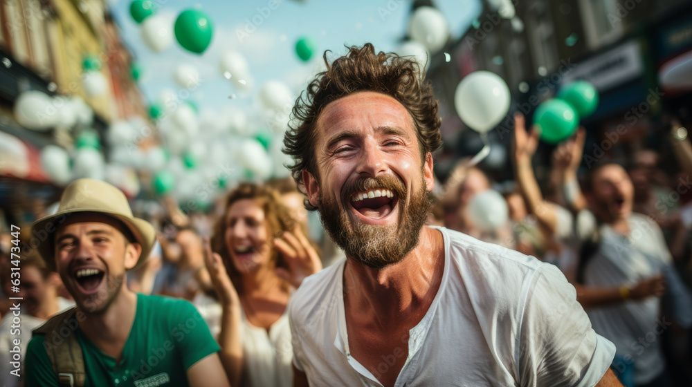 Excited sports fans wearing green and white clothes celebrating the ...