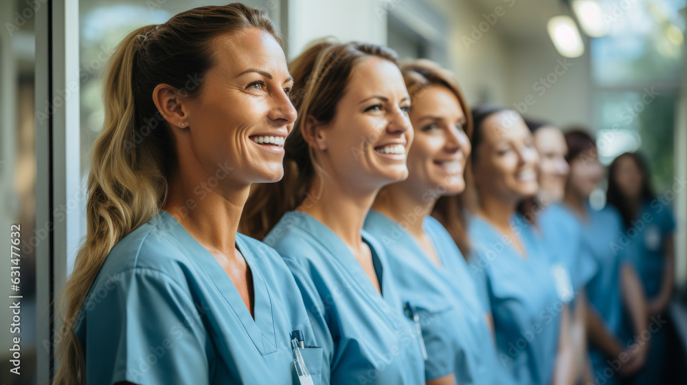 Beautiful smiling female nurses and doctors wearing scrubs in a ...