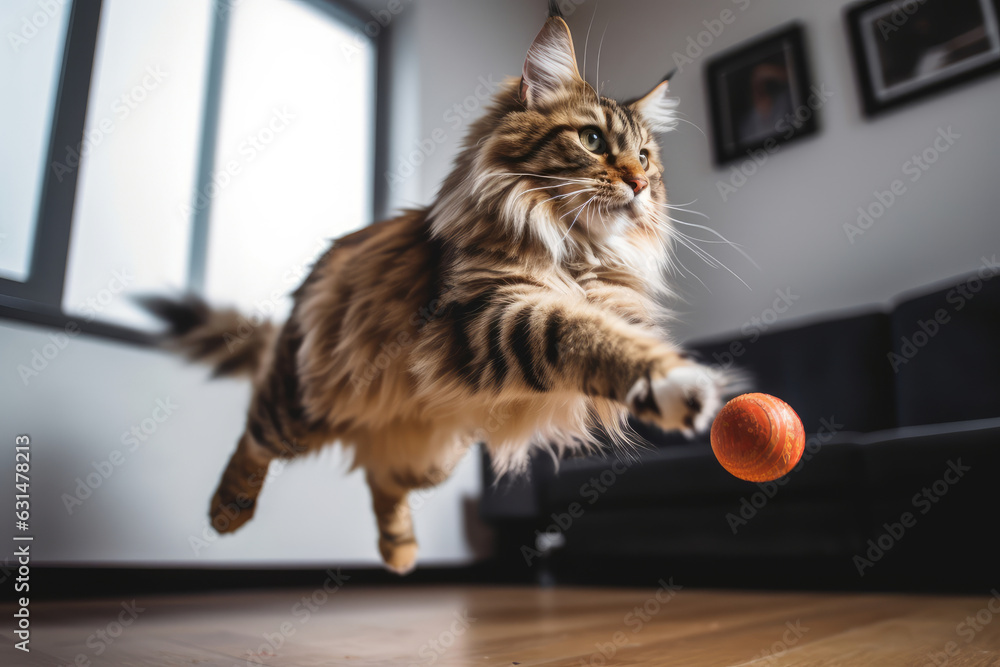 Maine coon cat jumping around playing with a cat toy at home. Having ...