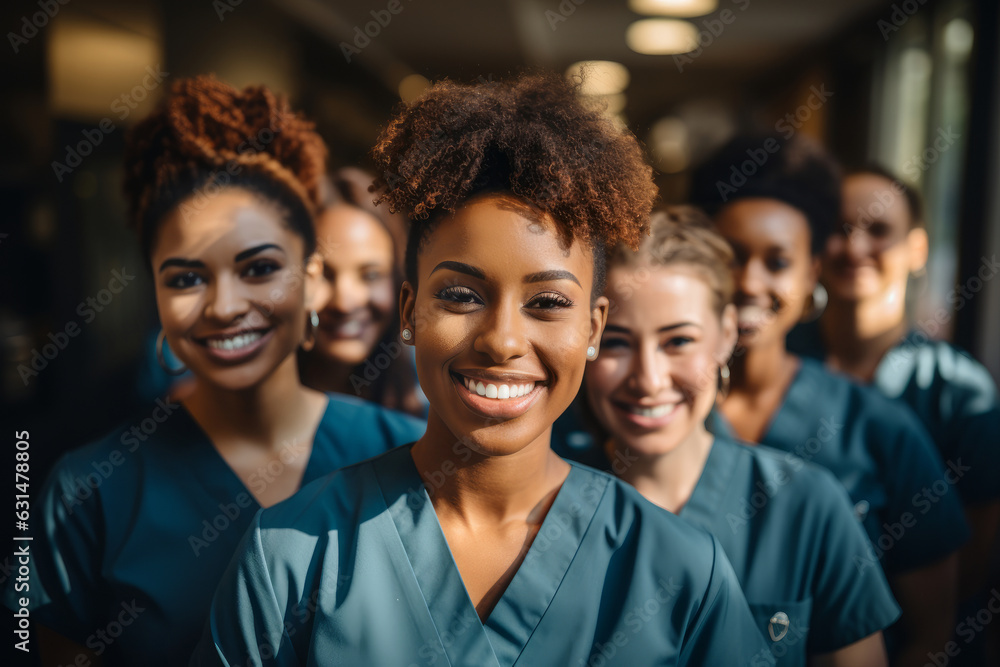 Beautiful smiling female nurses and doctors wearing scrubs in a ...