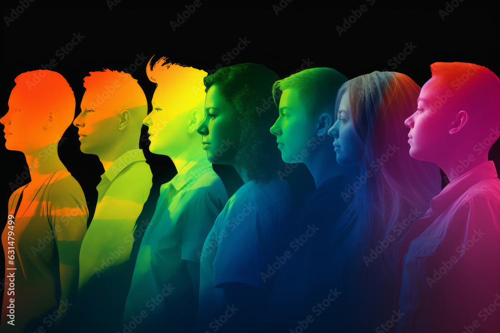 Group of divergent people over rainbow background. Community of diverse ...