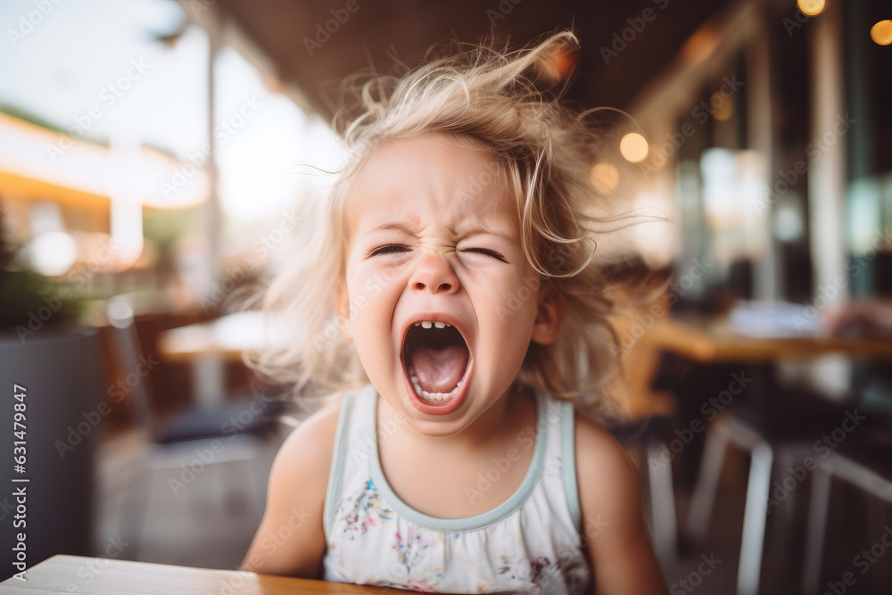 Toddler having a temper tantrum in a restaurant or cafe. Sad child ...