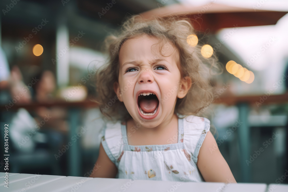 Toddler having a temper tantrum in a restaurant or cafe. Sad child ...