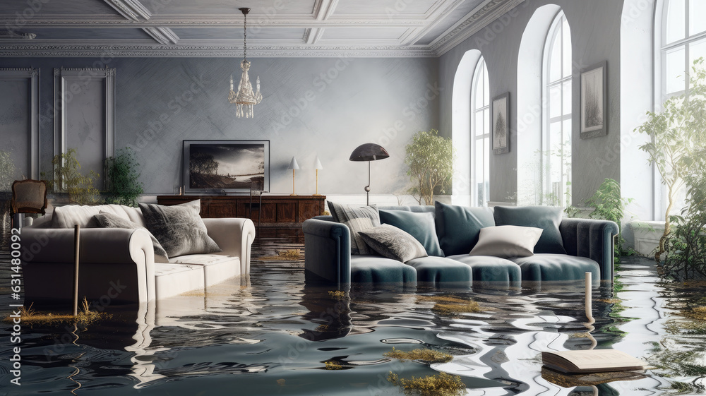 Water damage in living room, flood disaster after hurricane insurance ...