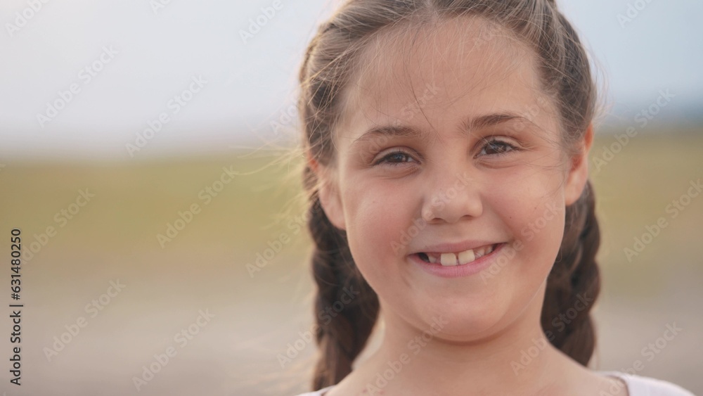 girl child portrait close up a outdoors. happy family kid dream concept ...