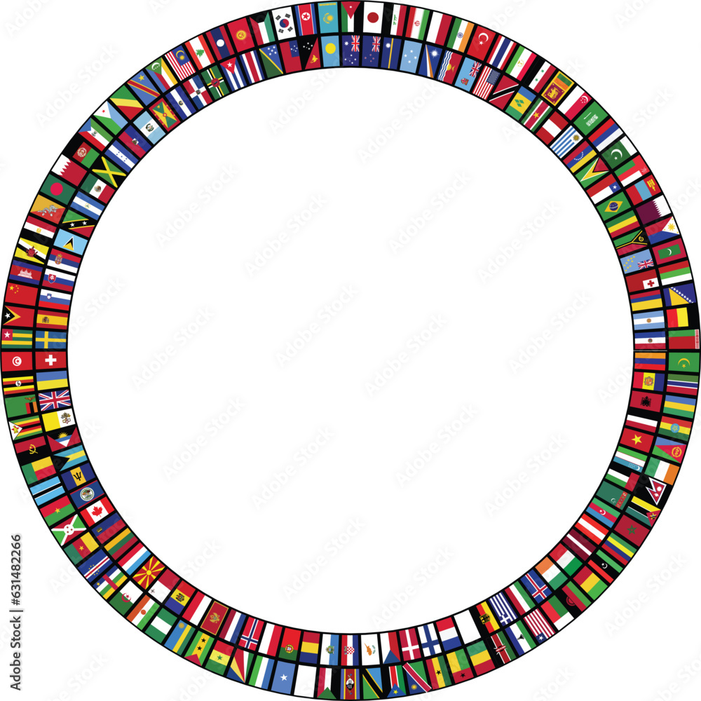 Circular border of international flags. The design represents global ...