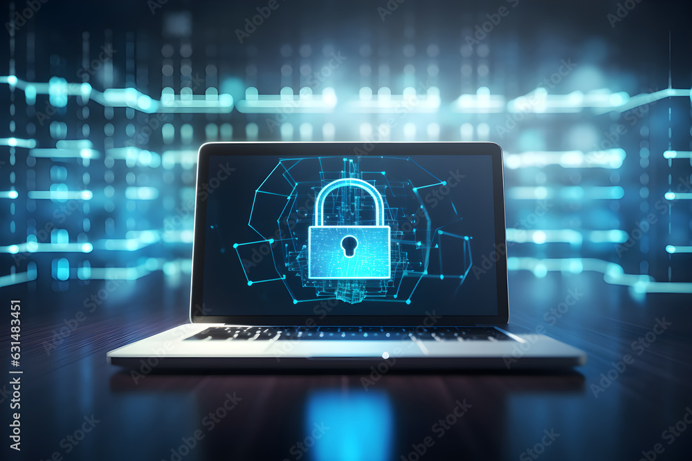 Cybersecurity. laptop computer with virtual graphic network diagram ...