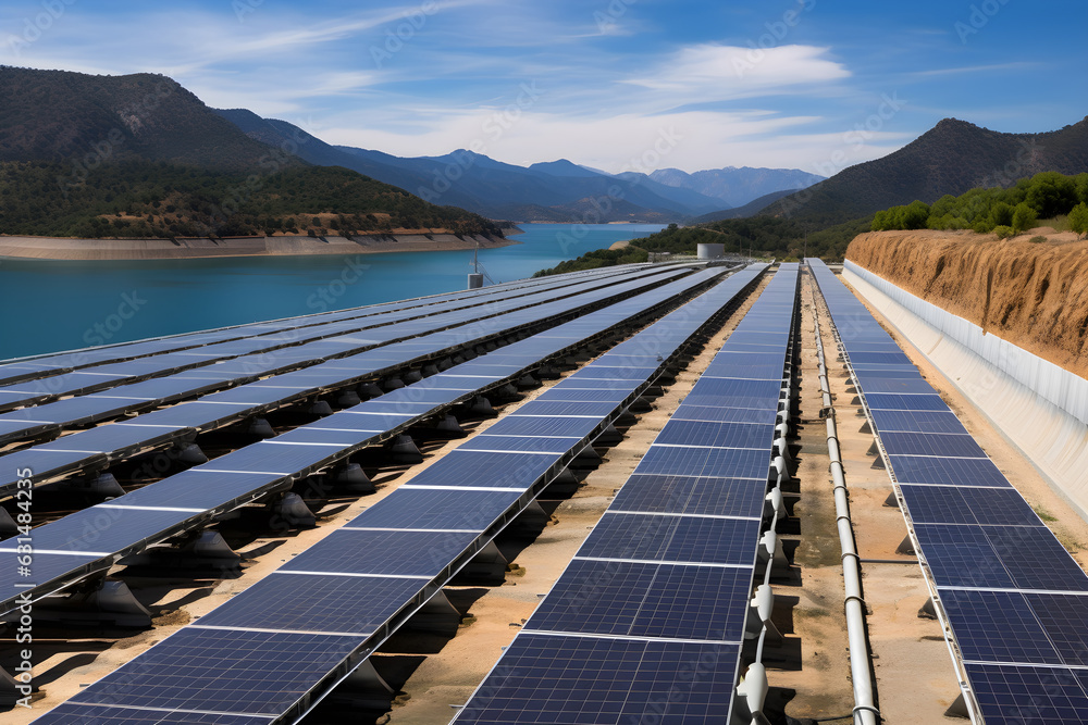 Floating solar power plant. many solar panel installation on dam river ...